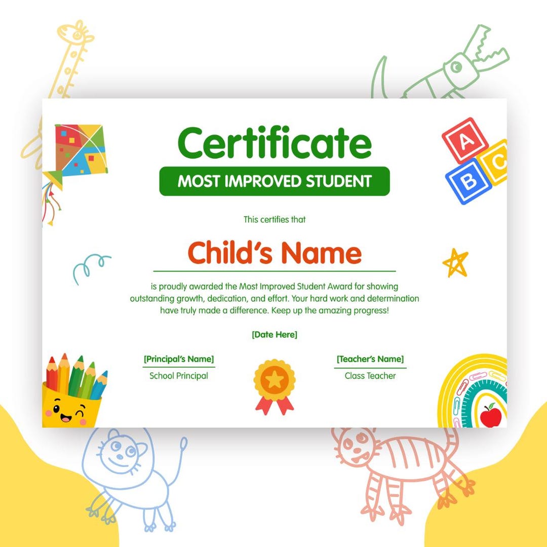 Editable Most Improved Student Certificate: Completion Award ...