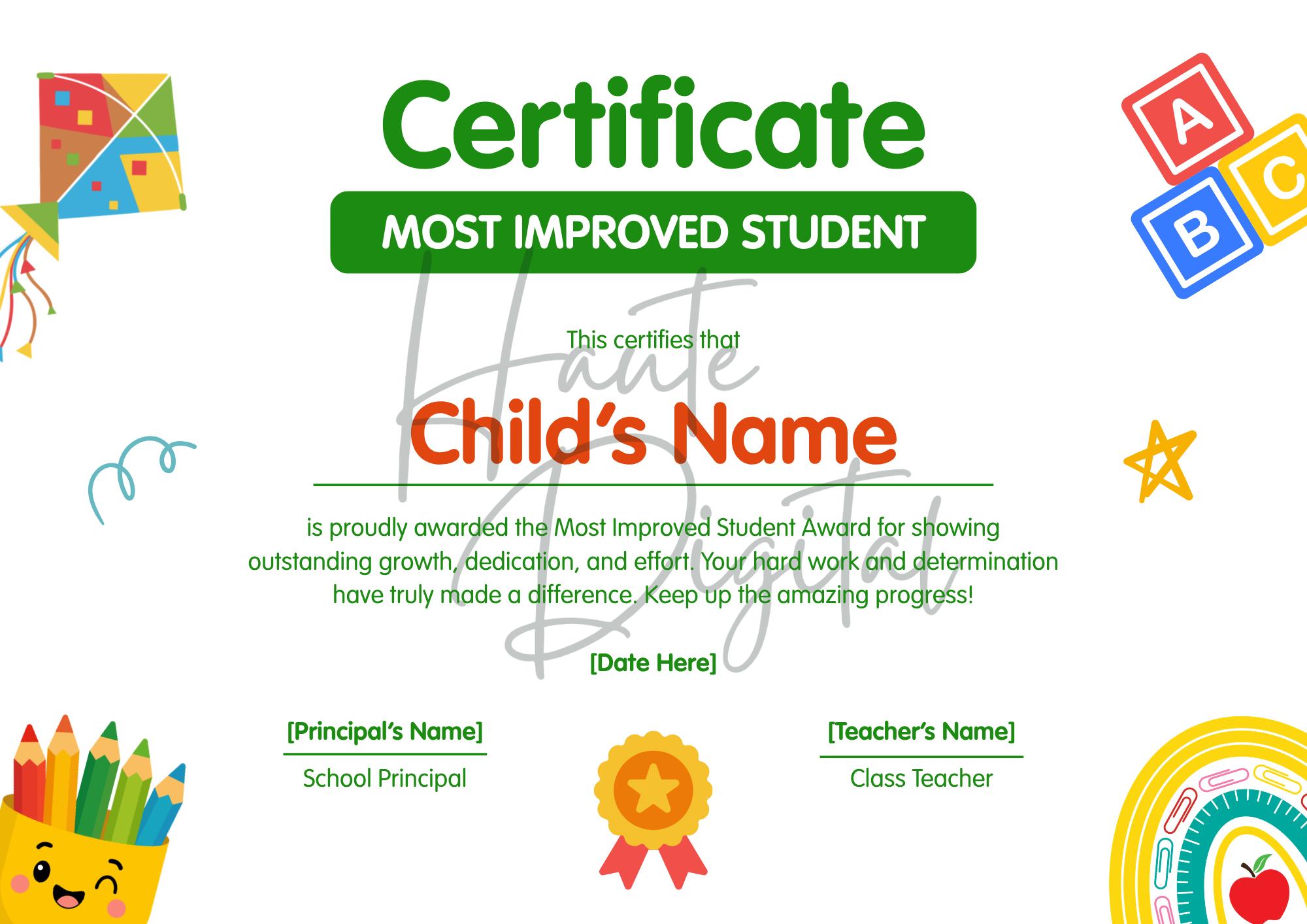 Editable Most Improved Student Certificate: Completion Award ...