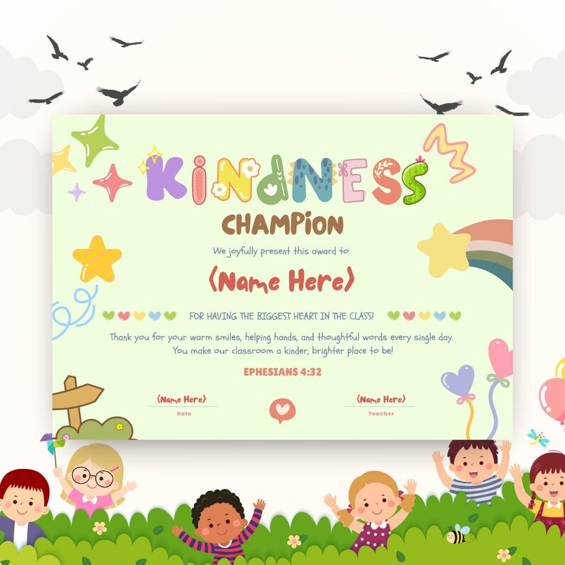 Editable Kindness Champion Certificate: Sunday School Award (canva ...