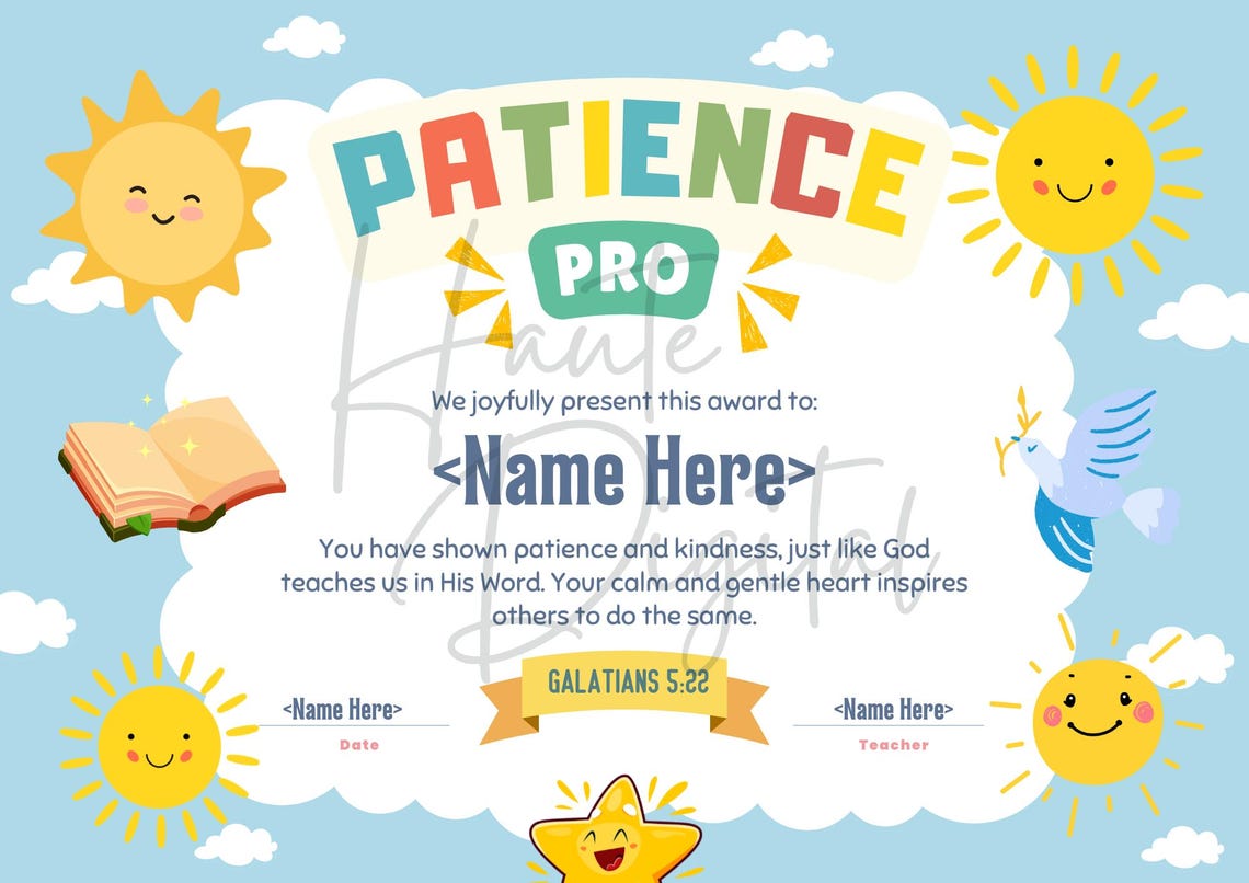 Editable Patience Pro Certificate: Sunday School, Homeschool Award ...