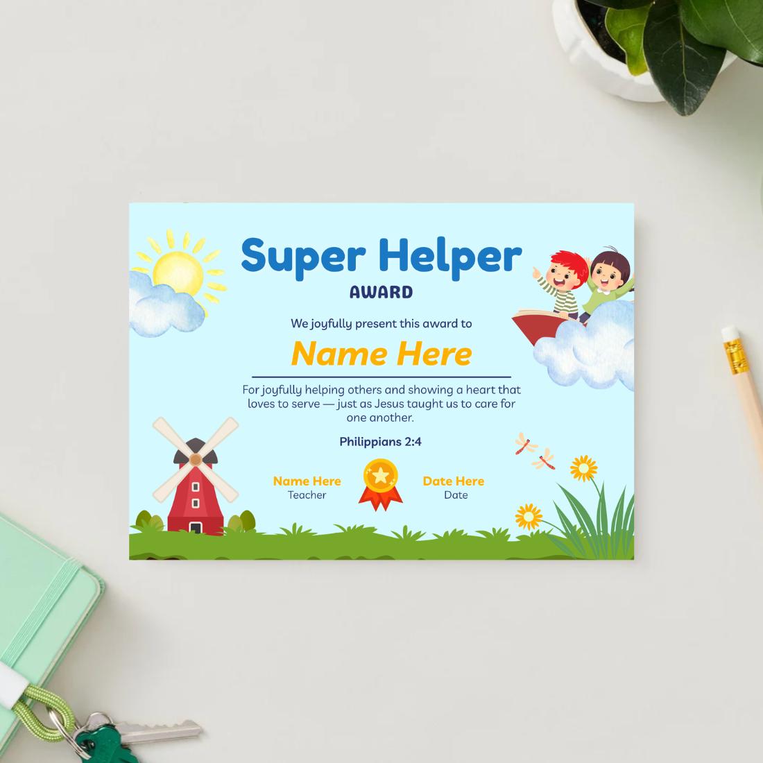 Editable Super Helper Award Certificate: Christian Kids, Homeschool ...