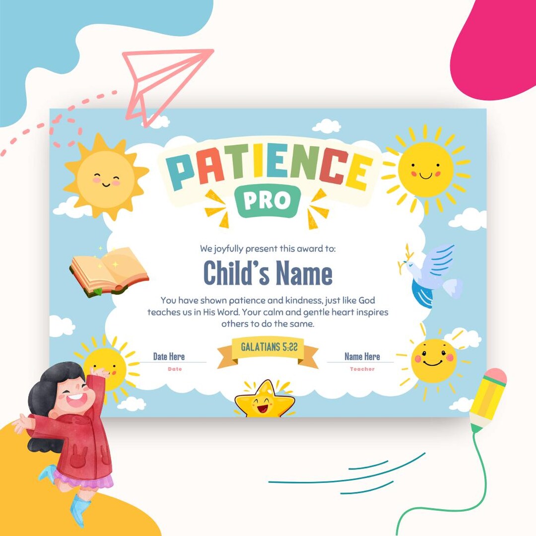 Editable Patience Pro Certificate: Sunday School, Homeschool Award ...