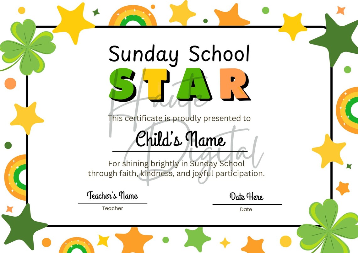 Sunday School Star: Homeschool Certificate, Bible Study, Award Template ...