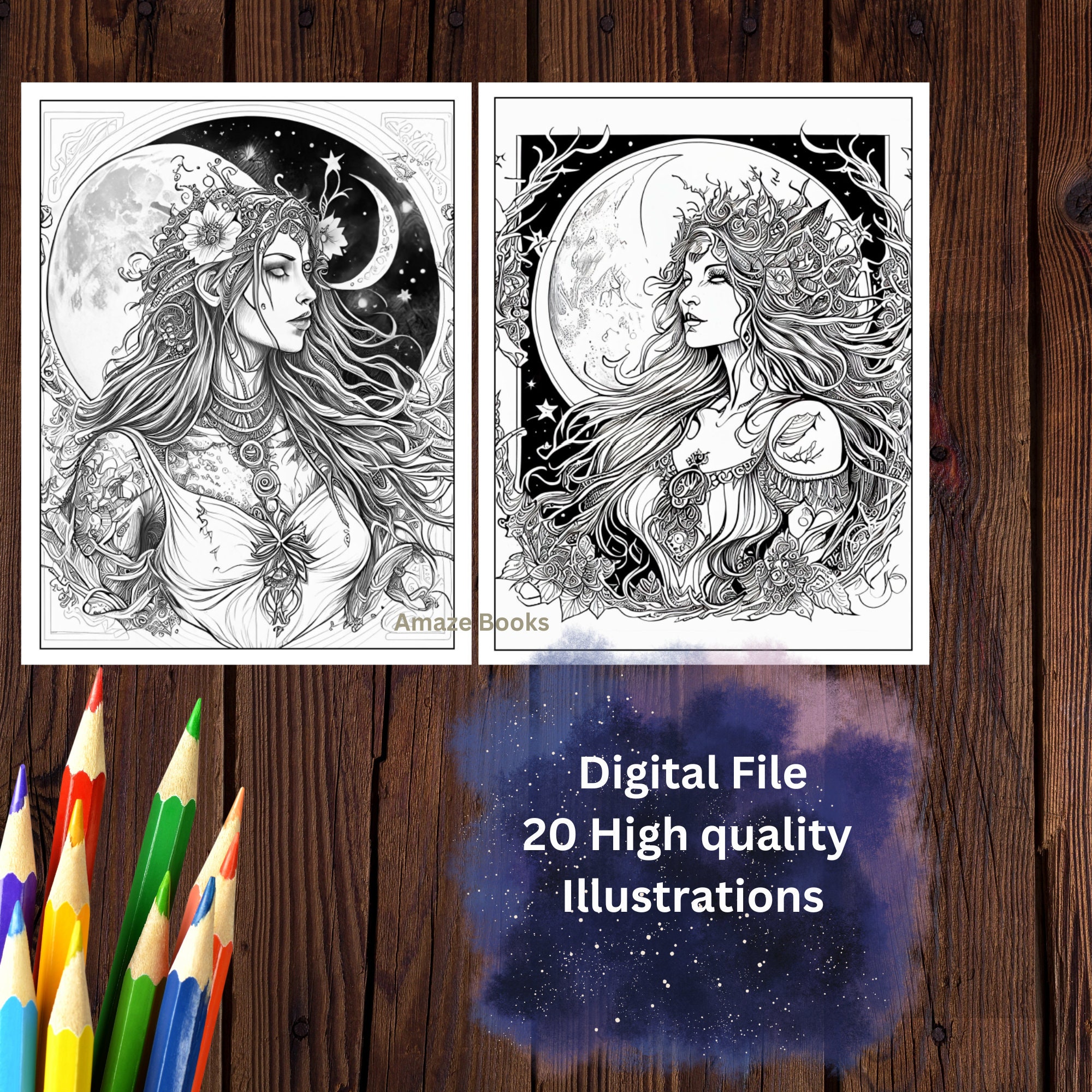 Beautiful Moon Witch Coloring Pages for Adults and Kids. 20 Unique ...