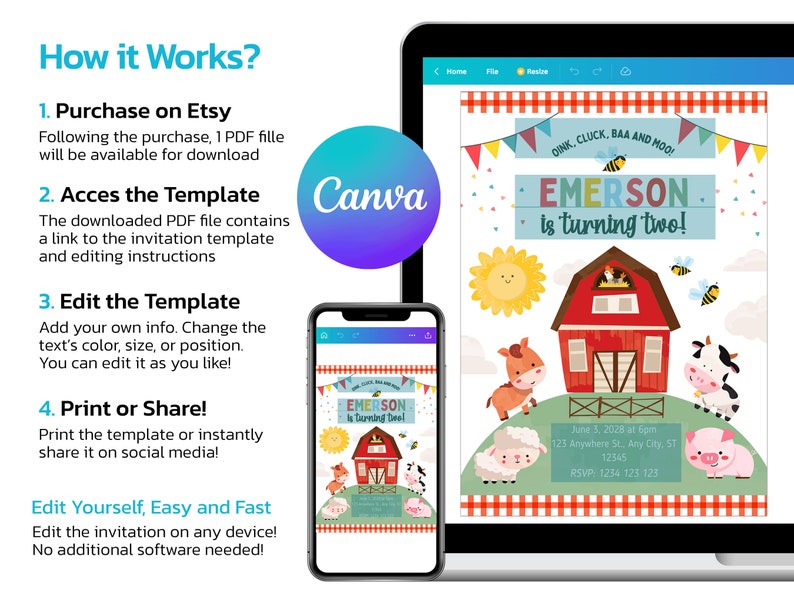 Editable Farm Birthday Invitation Template, Barn Animals Party Invite ...