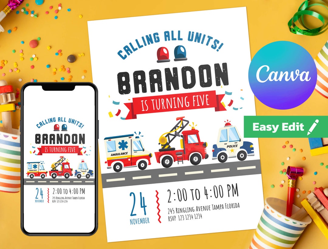 First Responders Birthday Invite, PRINTABLE First Responders Theme ...
