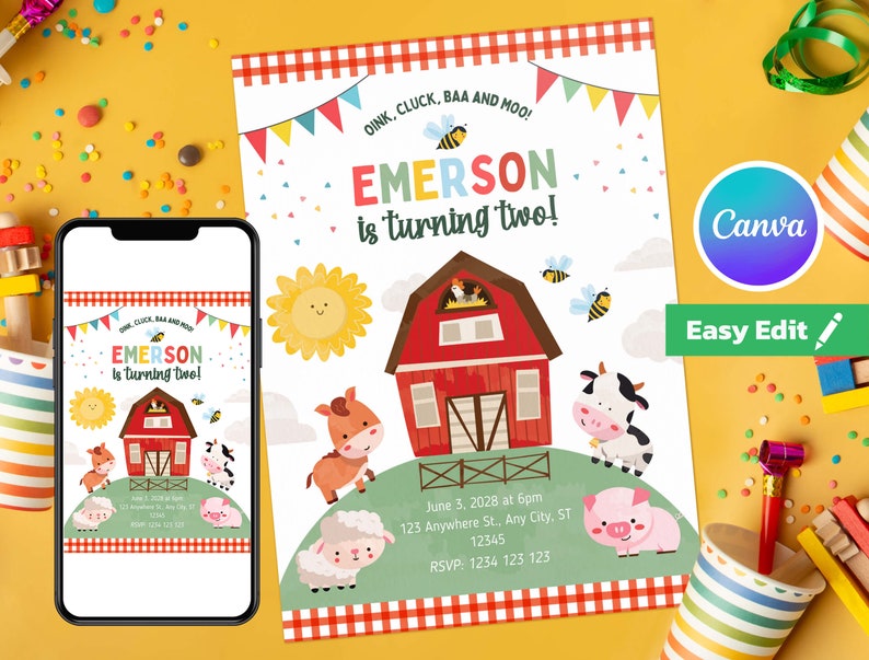 Editable Farm Birthday Invitation Template, Barn Animals Party Invite ...