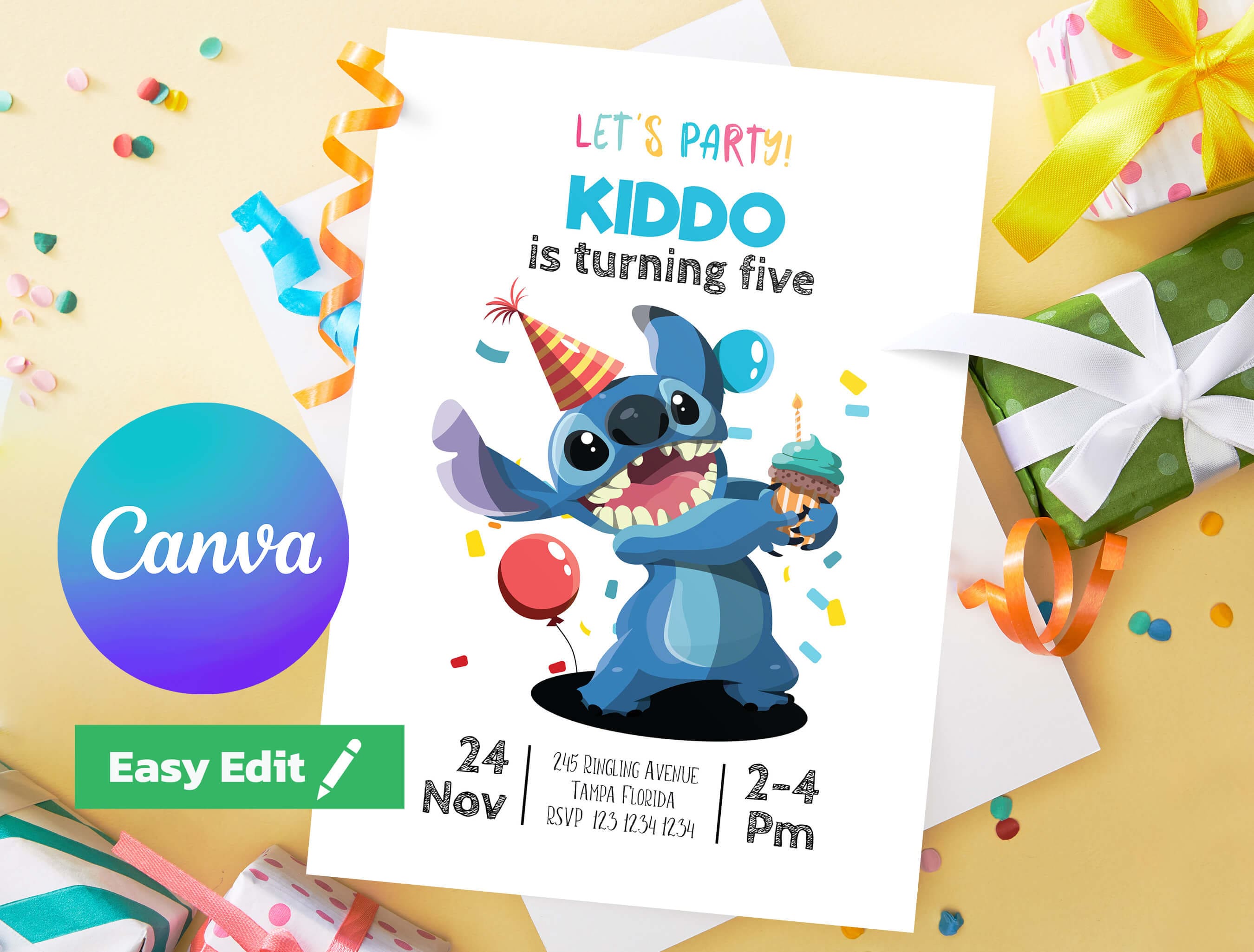 Plantilla de invitación de cumpleaños de Stitch editable - Etsy México