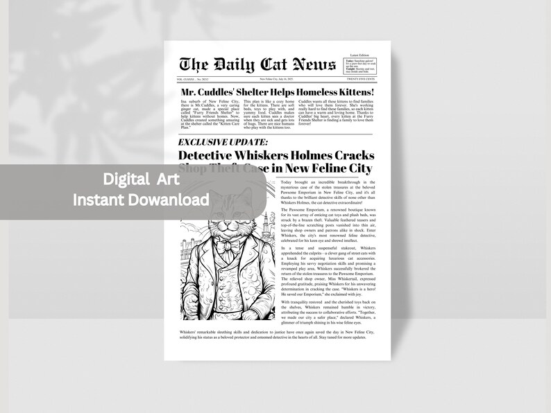 Funny Cat Newsprint, Printable Cat Newspaper Art, Funny Cat Art, Cat ...