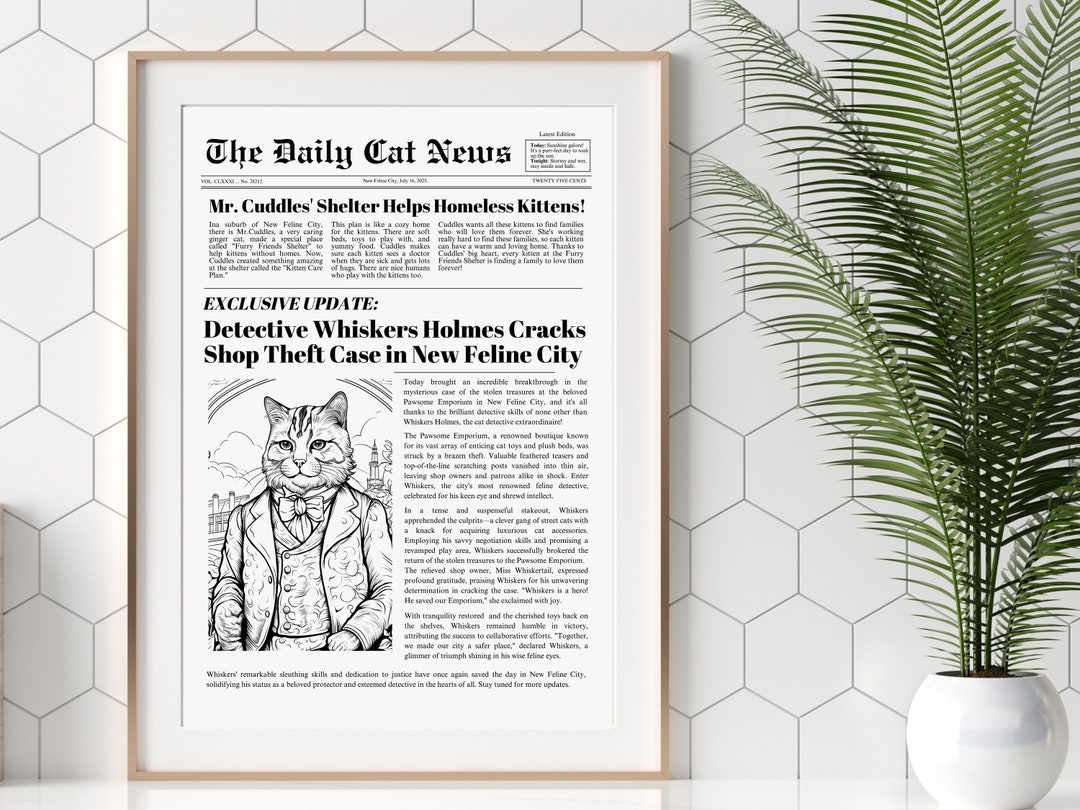 Funny Cat Newsprint, Printable Cat Newspaper Art, Funny Cat Art, Cat ...