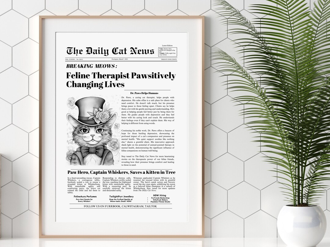Funny Cat Newspaper Art, Digital Cat Newsprint, Cat Poster, Creative ...