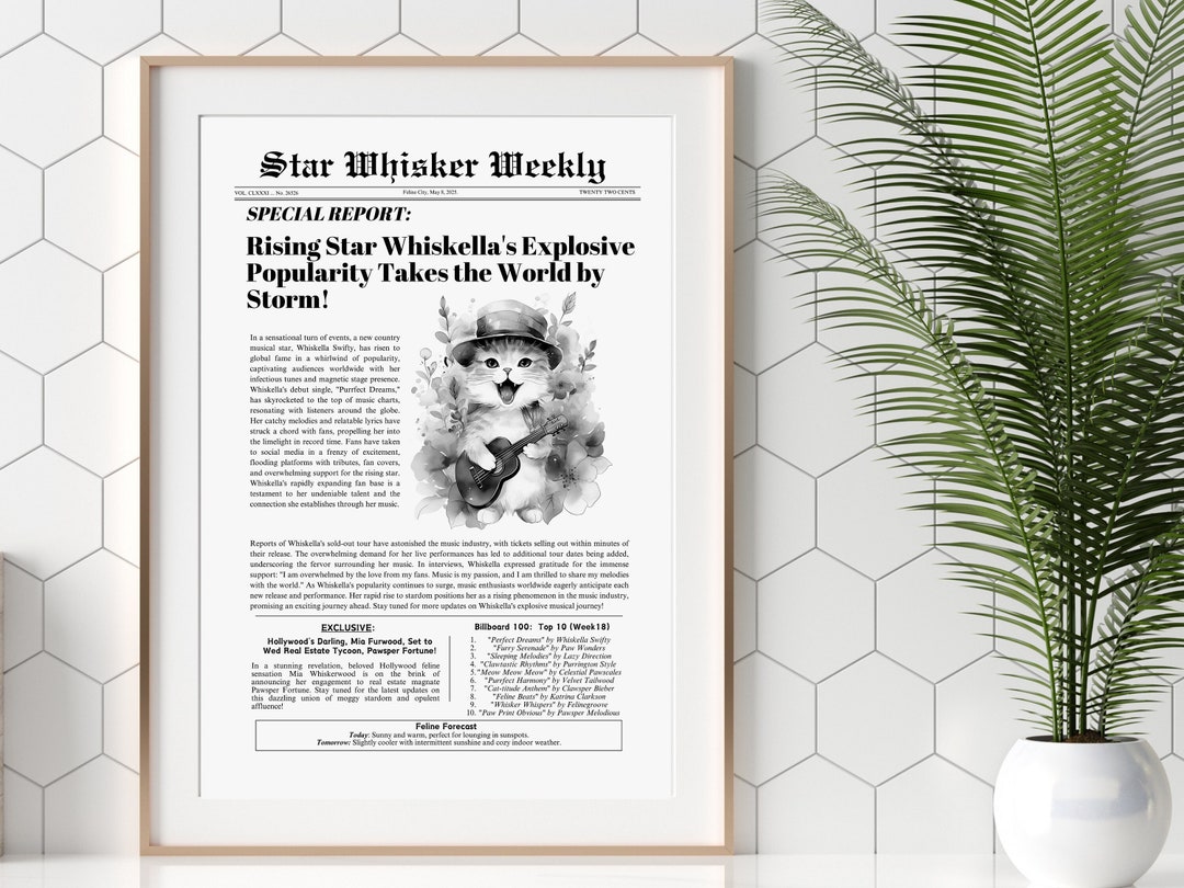 Creative Cat Newspaper Art, Funny Cat Art, Digital Cat Newsprint, Cat ...
