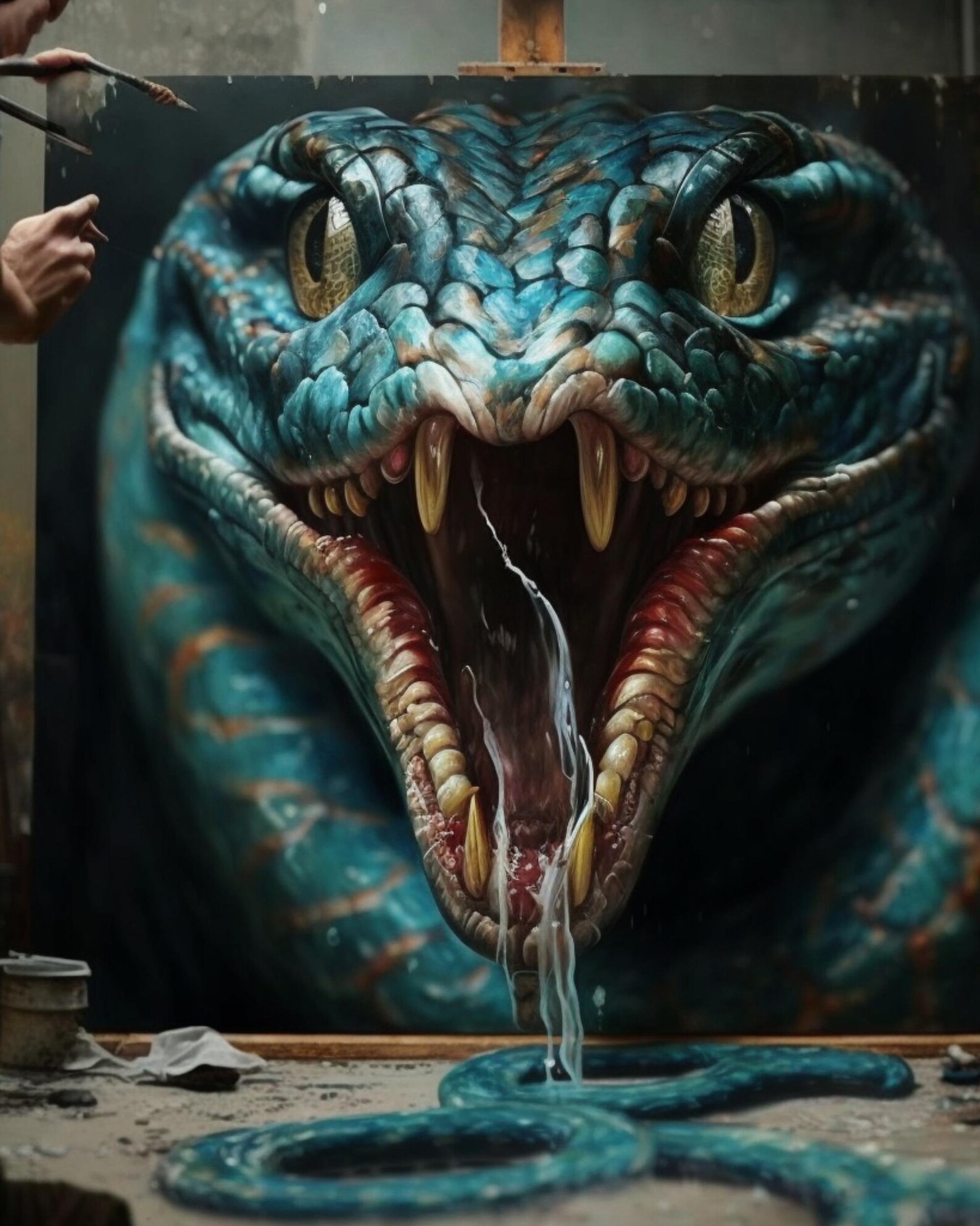 Teeth of the Blue Snake, Oil Painting on Black Background, Abstract ...