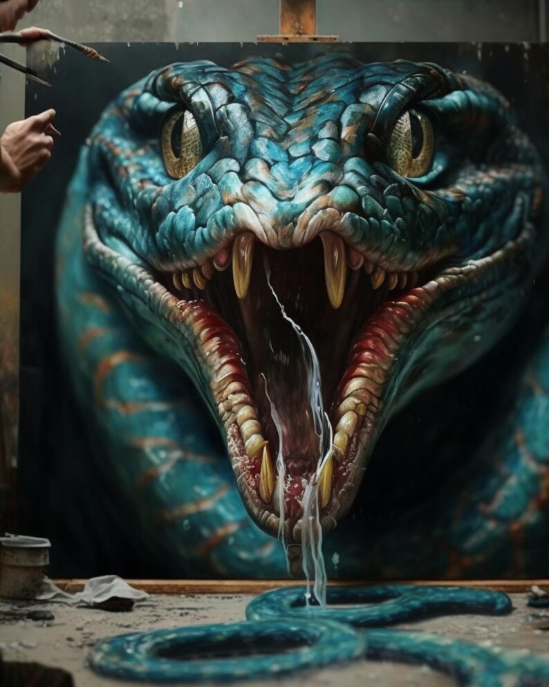 Teeth of the Blue Snake, Oil Painting on Black Background, Abstract ...