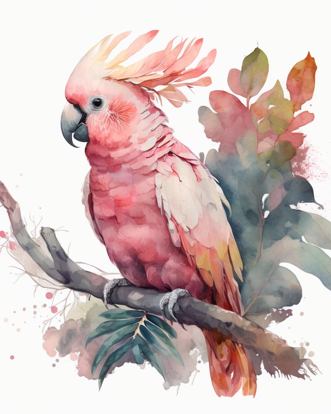 Pink Cockatoo Watercolor Paintings Wall Art | Tropical Illustration ...