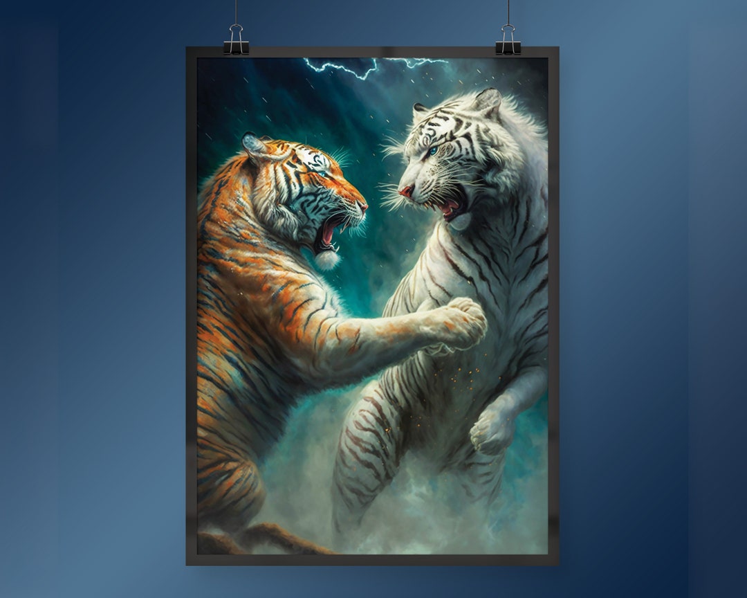 Printable Sumatran & White Tiger Fight Painting Portrait Art - Etsy