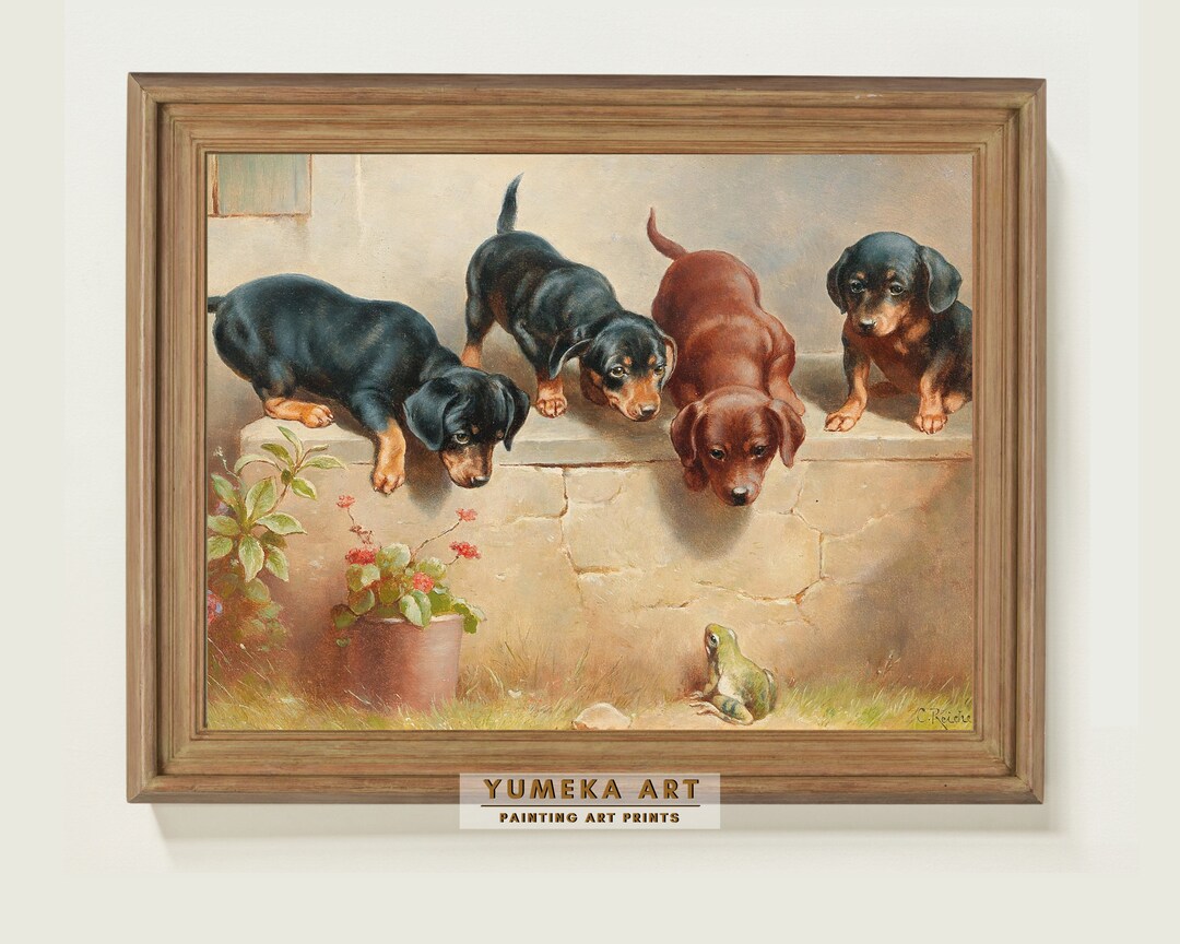 Vintage Dog Print Antique Puppies Oil Painting Curious Puppies and Frog ...
