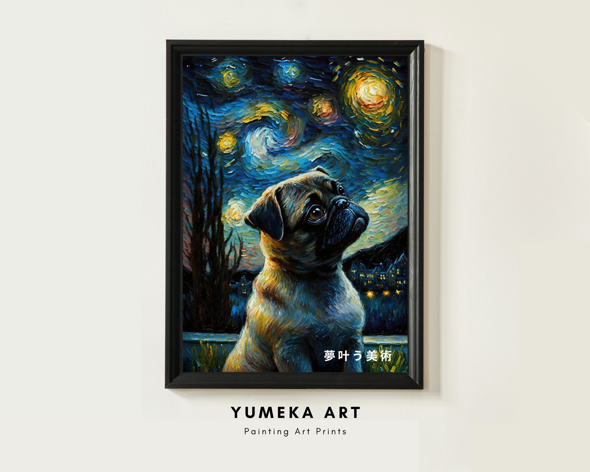 Starry Night Dogs, Cute Pug Look up at the Starry Night, Oil Painting ...