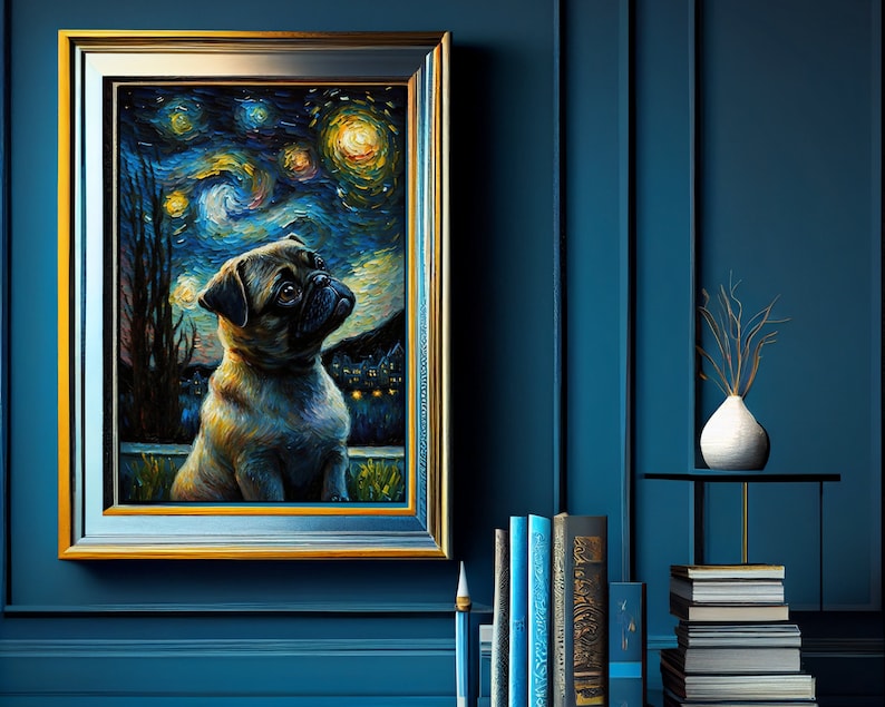 Starry Night Dogs, Cute Pug Look up at the Starry Night, Oil Painting ...