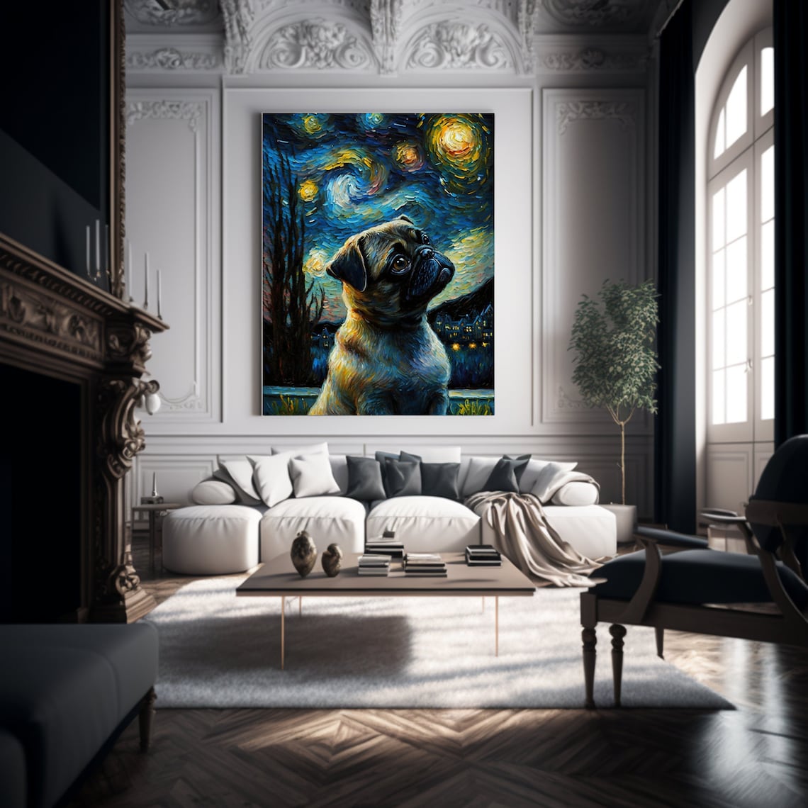 Starry Night Dogs, Cute Pug Look up at the Starry Night, Oil Painting ...