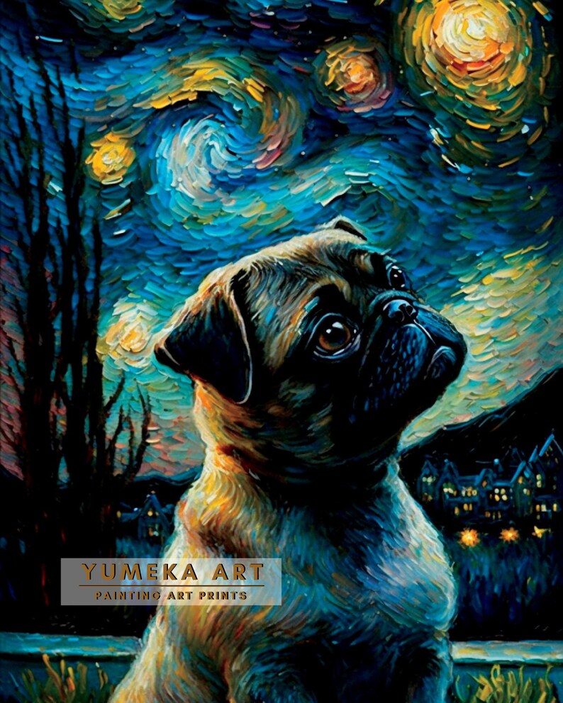 Starry Night Dogs, Cute Pug Look up at the Starry Night, Oil Painting ...