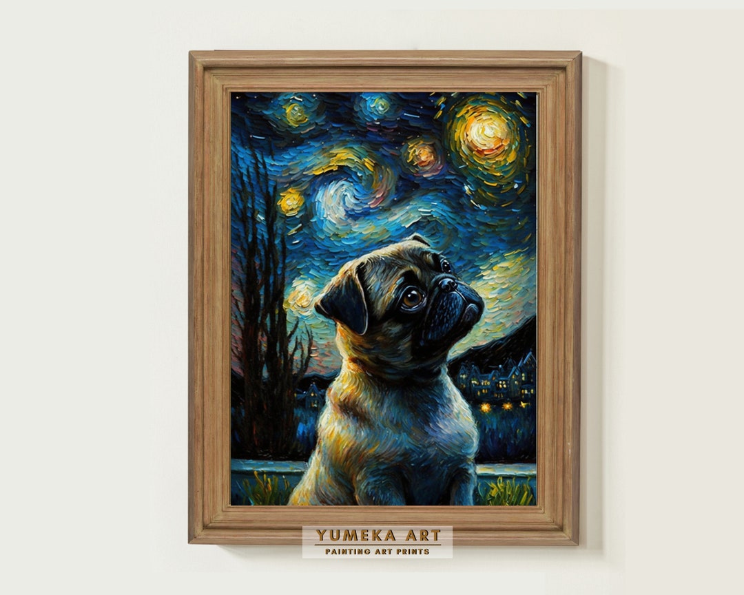Starry Night Dogs, Cute Pug Look up at the Starry Night, Oil Painting ...
