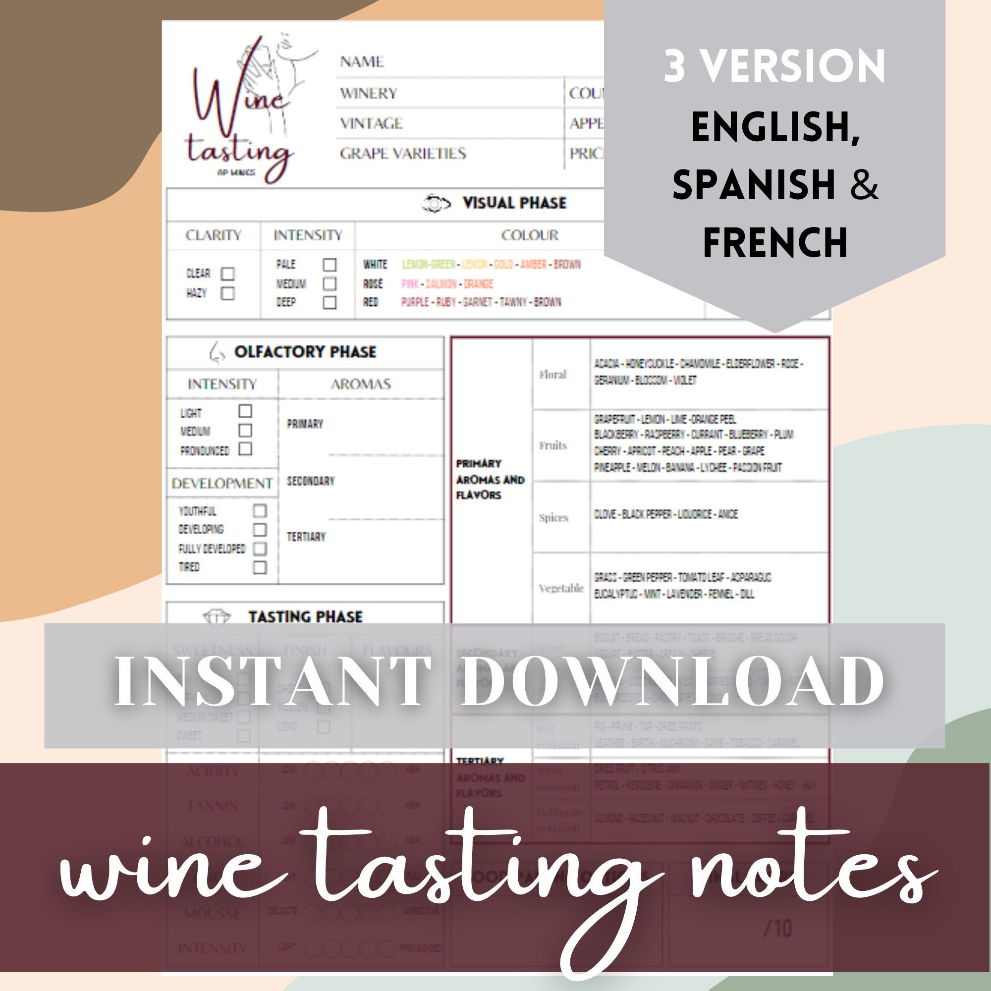 Wine Tasting Notes PDF Printable Guide / Template for Wine Reviews and ...