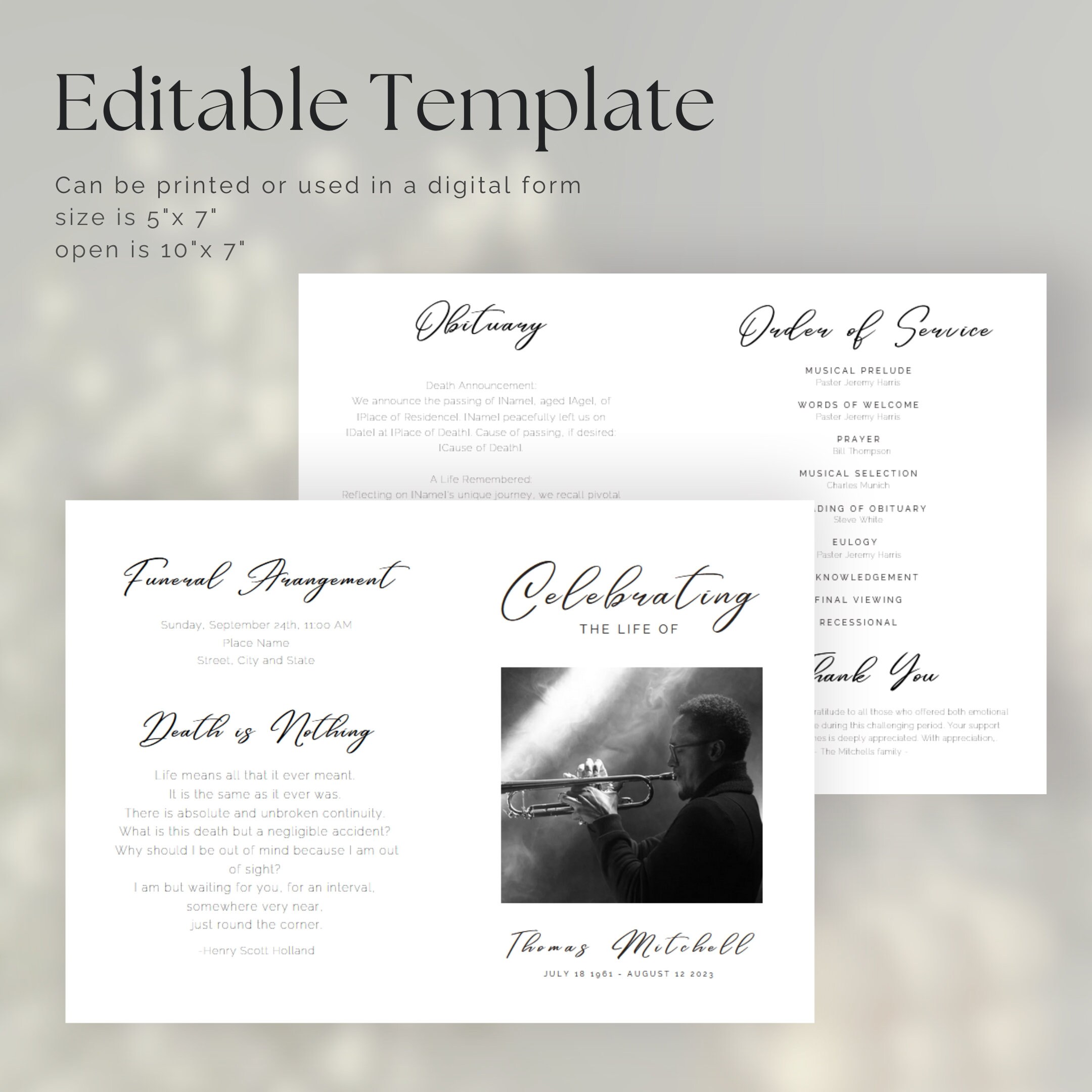 In Loving Memory Template, Funeral Program, Editable Double-sided ...