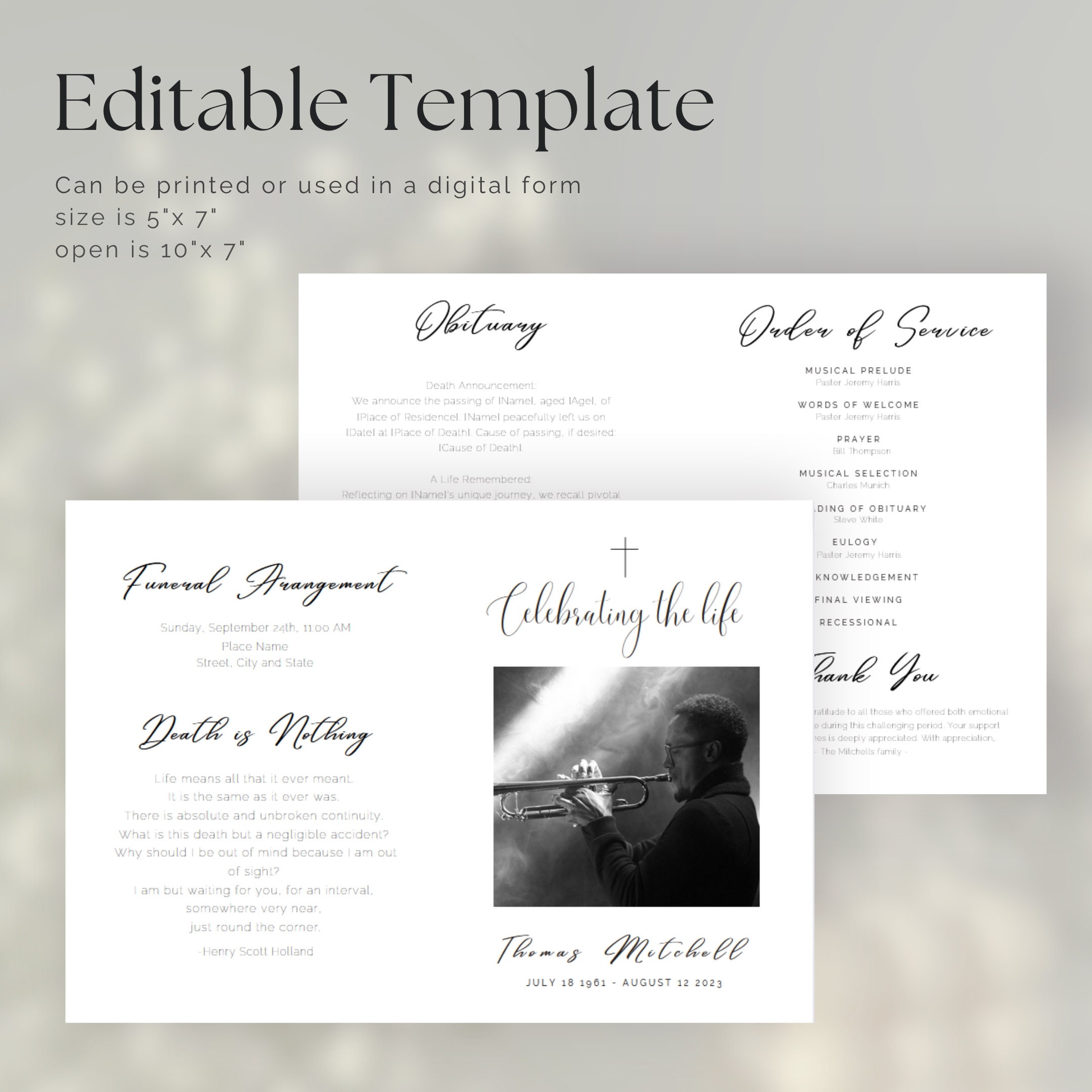 Celebration of Life Template, Funeral Program, Editable Double-sided ...