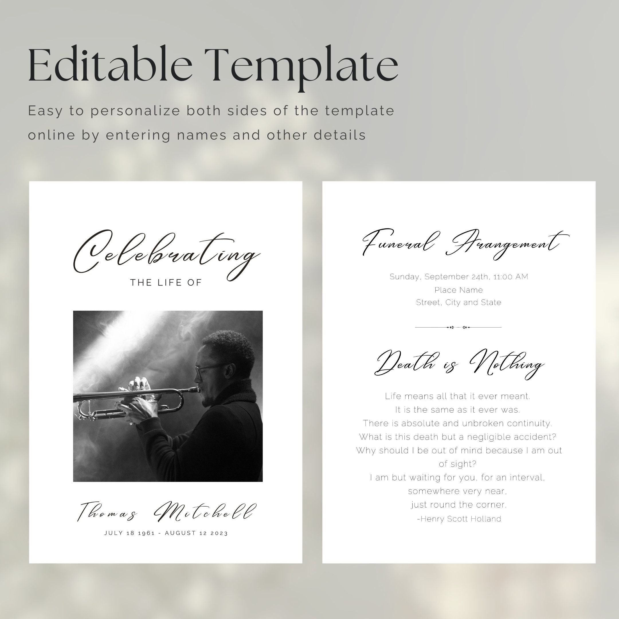 In Loving Memory Template, Funeral Program, Editable Double-sided ...