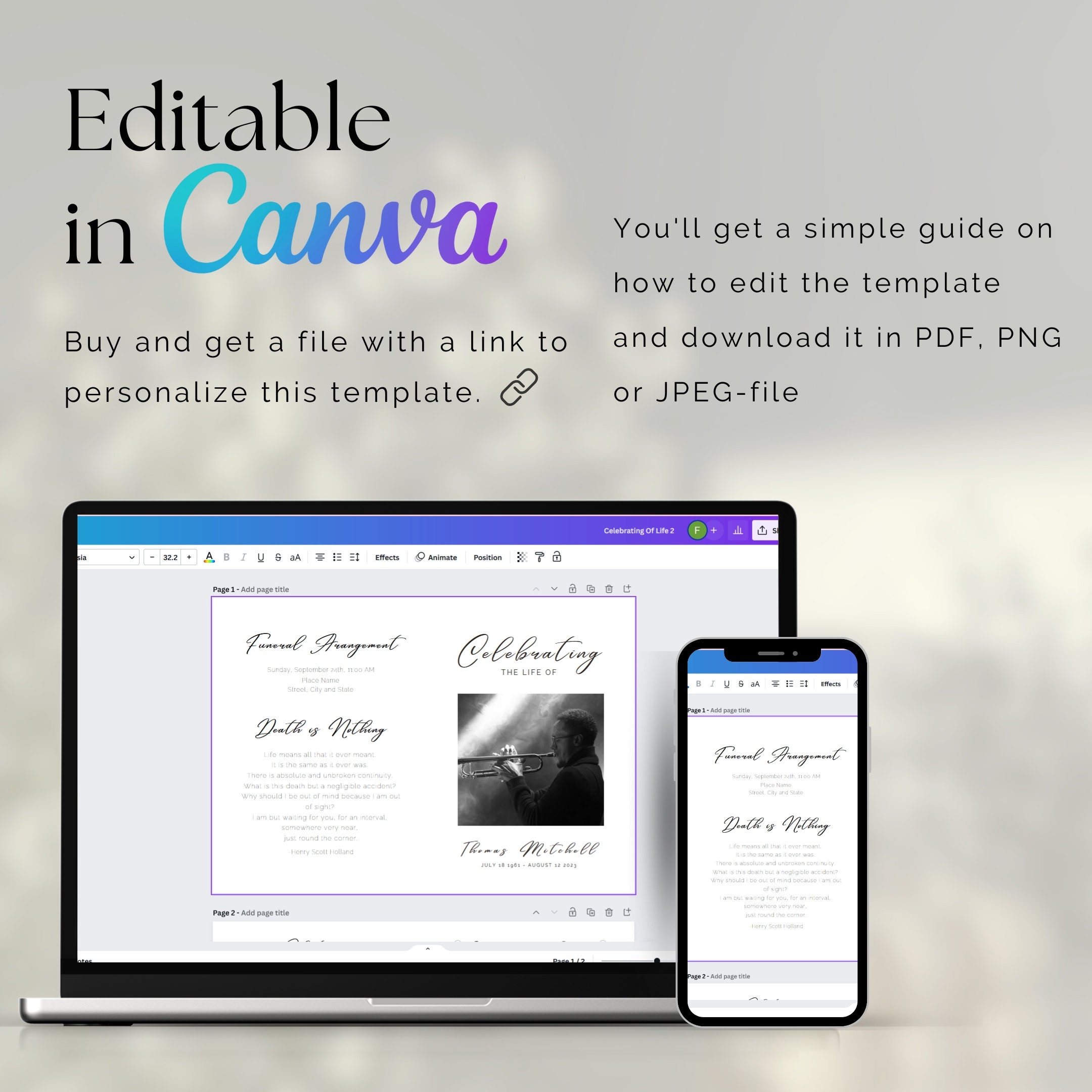 In Loving Memory Template, Funeral Program, Editable Double-sided ...