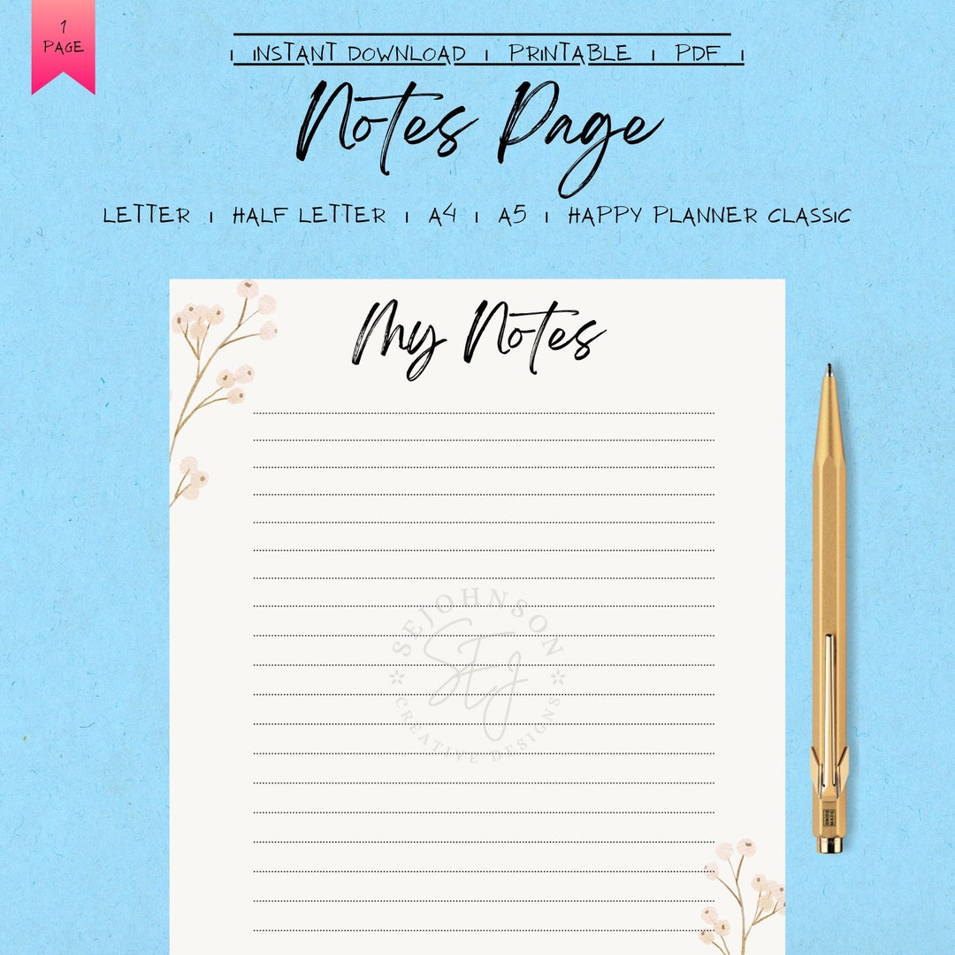 Elegant Floral Note Pages Printable, Lined Note Paper, Notes Page ...