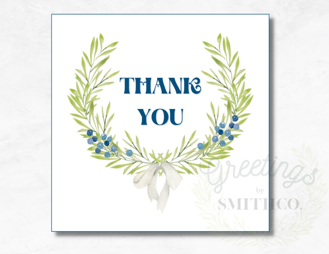 Printable Thank You Note, Green Laurel Wreath Gift Tag, Classic Thank ...