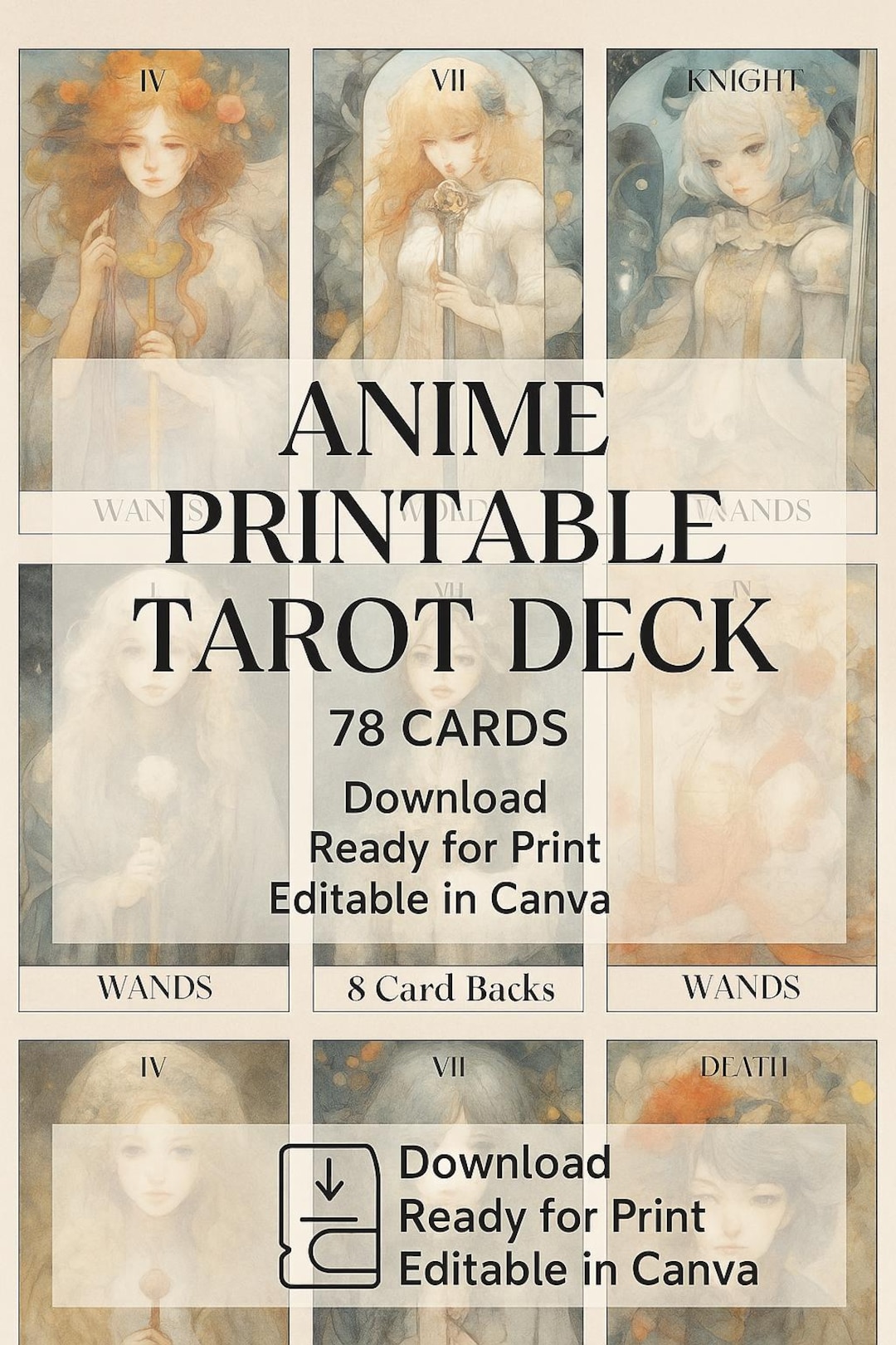 Watercolor Anime Tarot Deck Printable, 78 Cards Japanese Tarot Deck ...