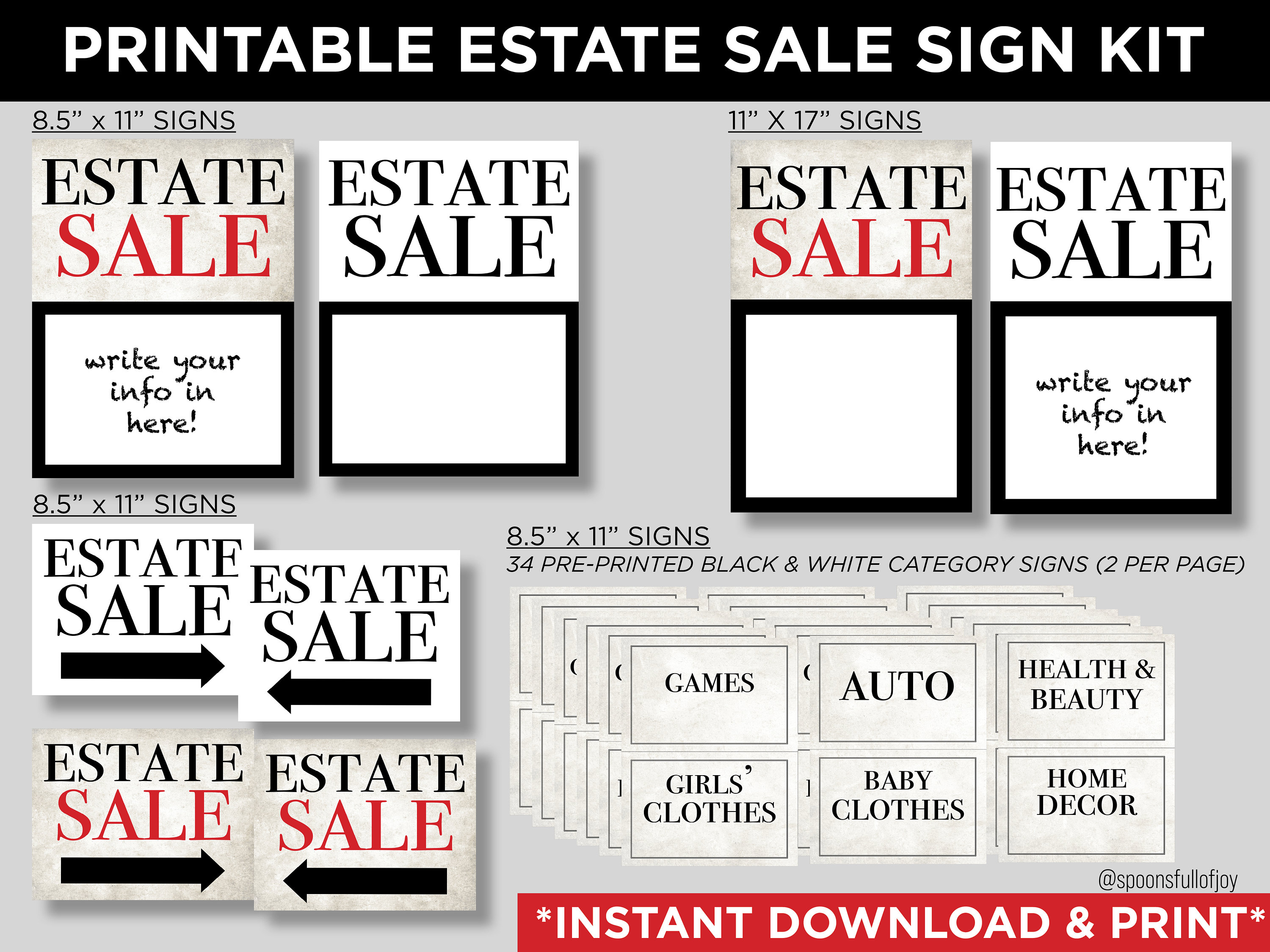 ESTATE SALE Sign Kit, Garage Sale, Rummage Sale, Category Signs, Print ...