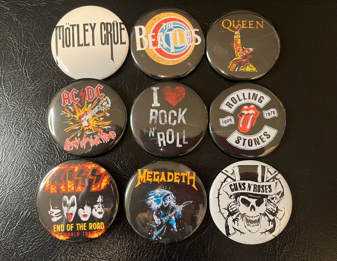 CLASSIC ROCK Themed 2.25 Pinback BUTTONS Queen Beatles Metallica ...