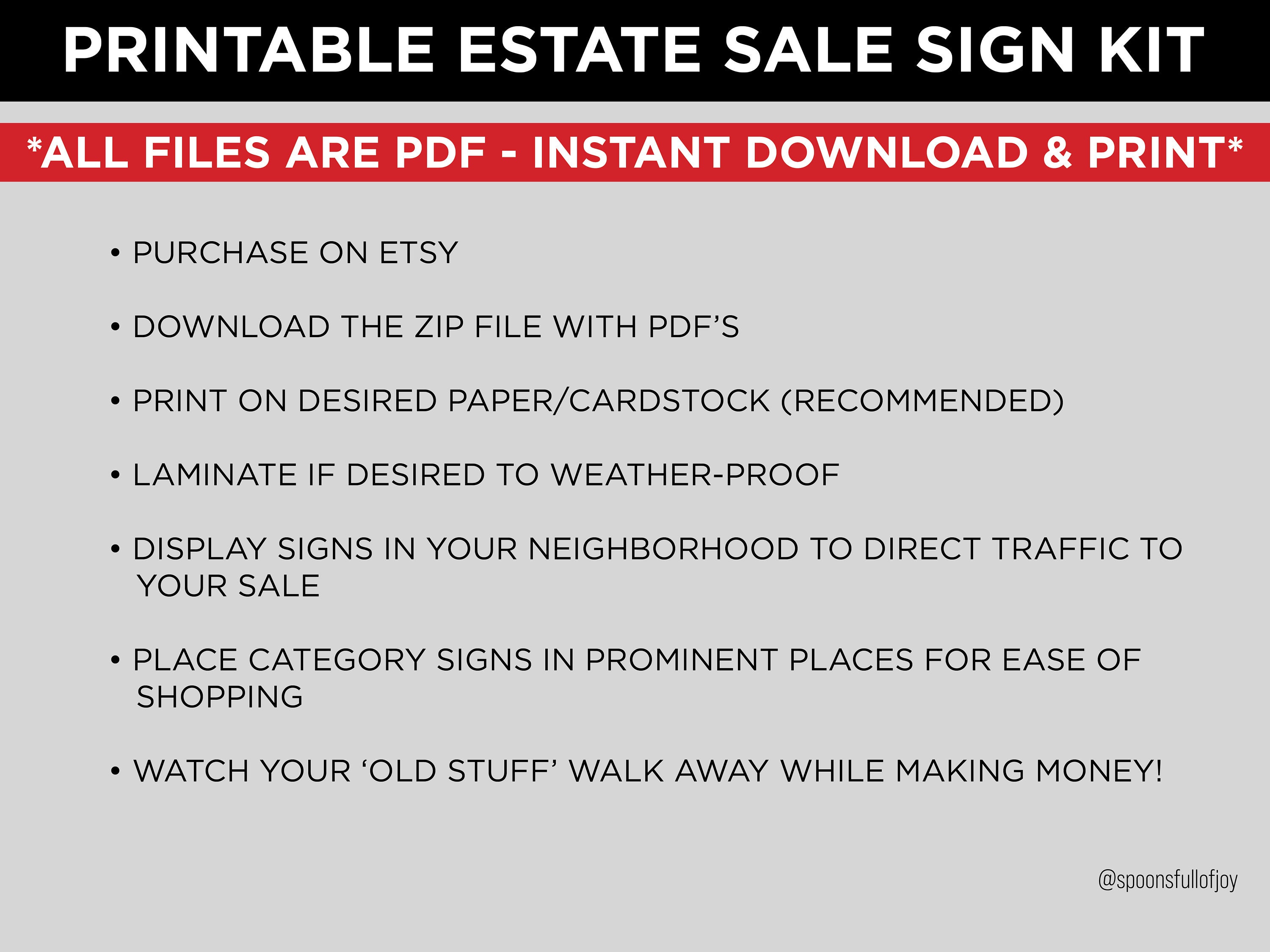 ESTATE SALE Sign Kit, Garage Sale, Rummage Sale, Category Signs, Print ...
