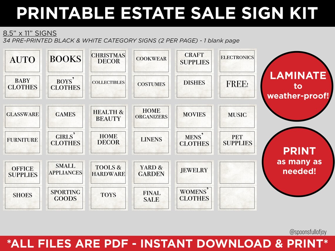ESTATE SALE Sign Kit Garage Sale Rummage Sale Category - Etsy