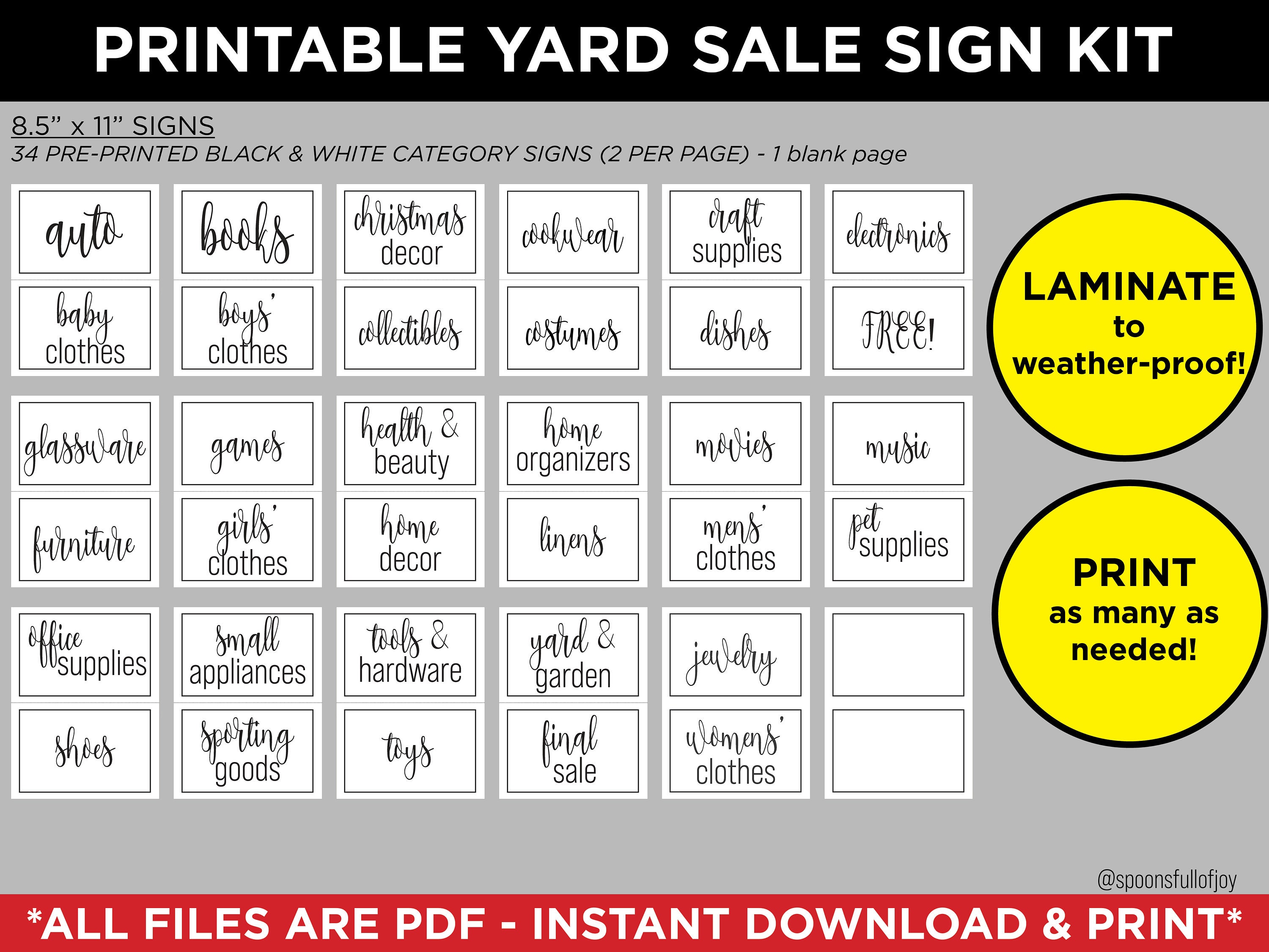 YARD SALE Sign Kit, Garage Sale, Rummage Sale, Category Signs, Print ...