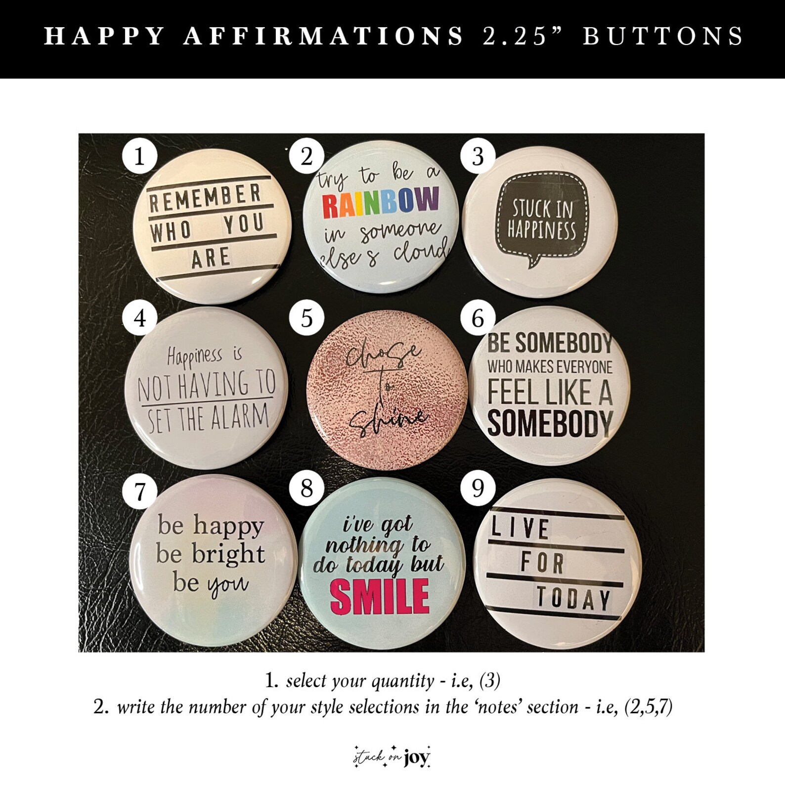 HAPPY AFFIRMATIONS 2.25 Pinback BUTTONS Select Your Styles Positivity ...