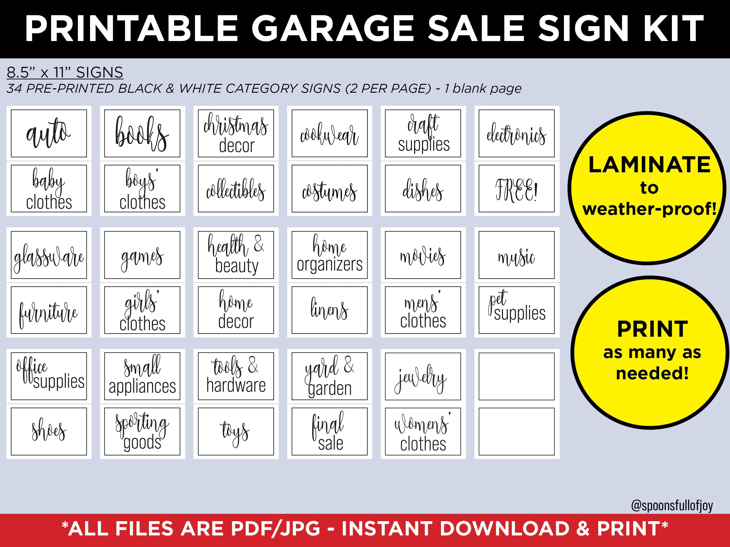 GARAGE SALE Sign Bundle, Yard Sale, Rummage Sale, Category Signs, Print ...