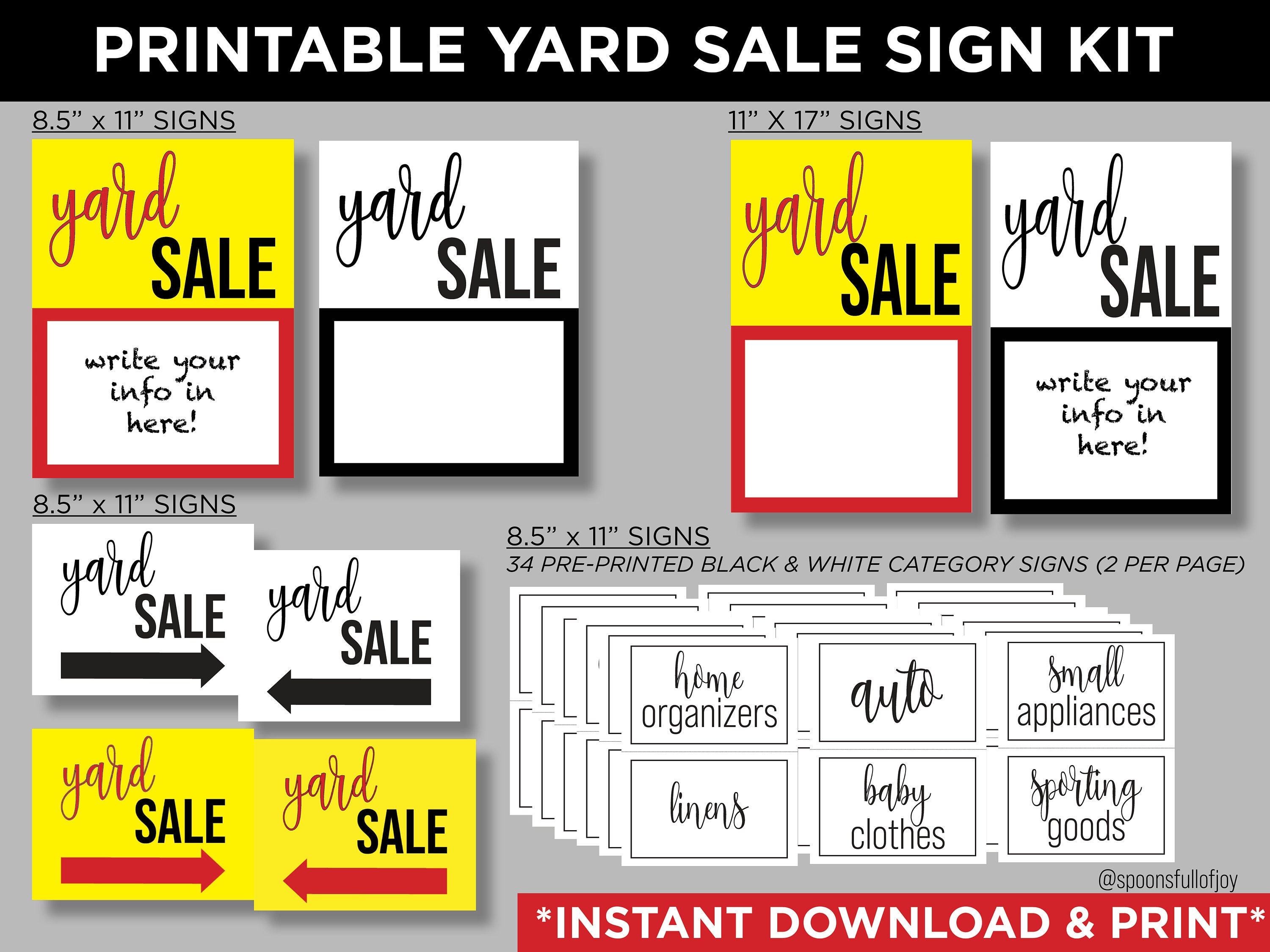 YARD SALE Sign Kit Garage Sale Rummage Sale Category Signs - Etsy