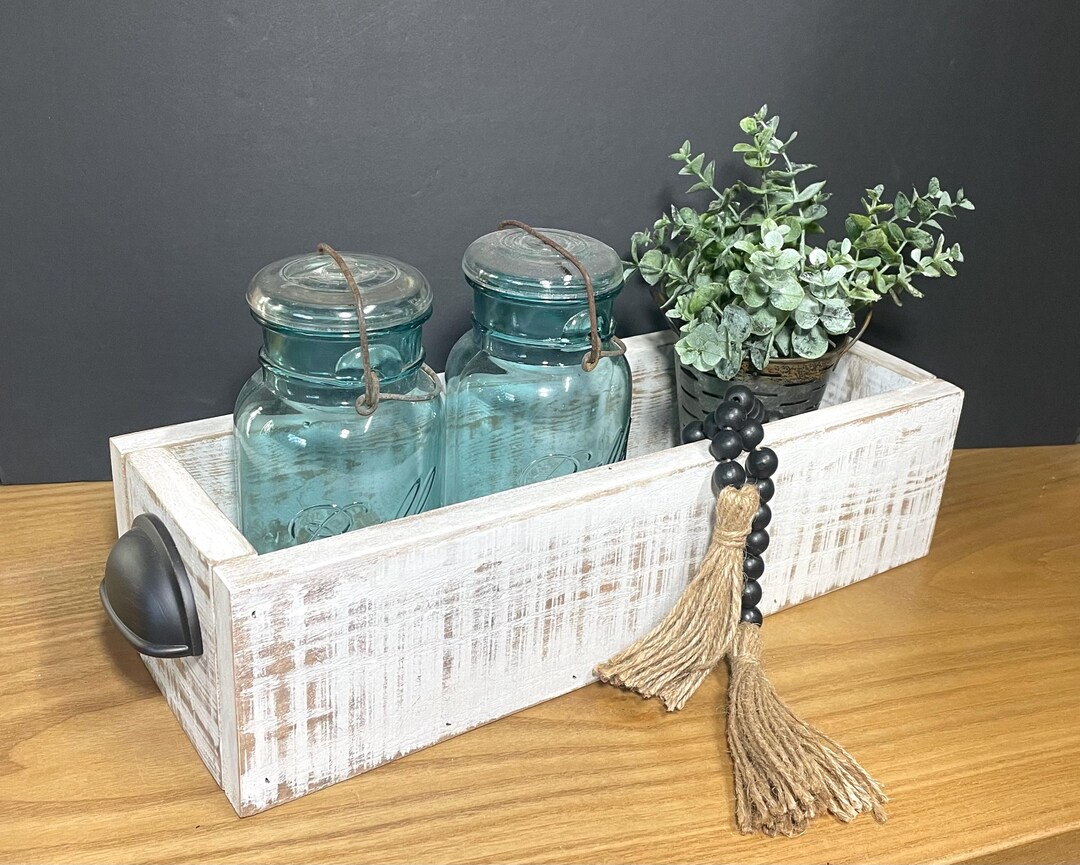 White Distressed Wood Box Planter Box Mason Jar Holder Table Trough ...