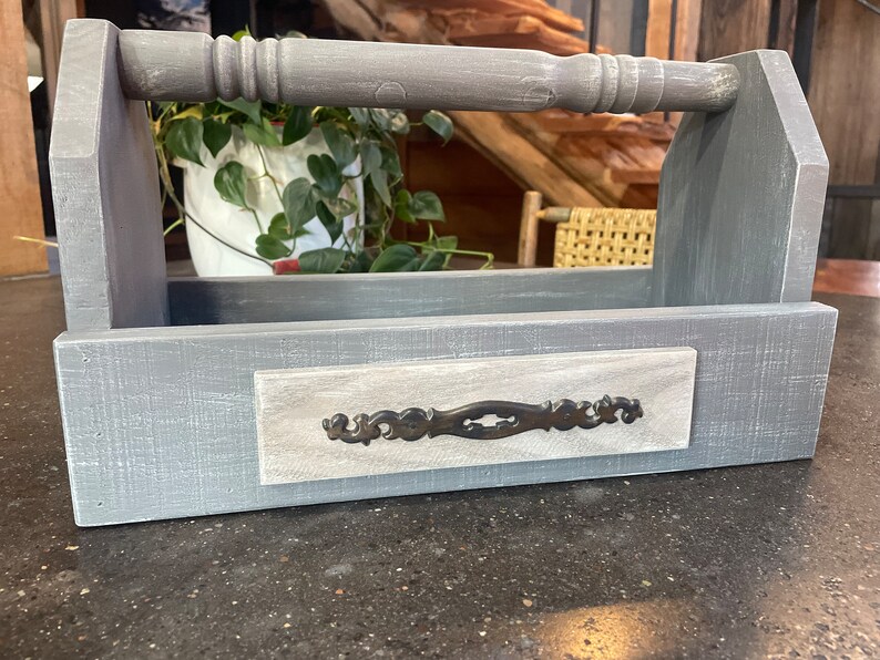 Solid Wood Caddy With Handle Painted Tool Box Spindle Handle Kitchen ...