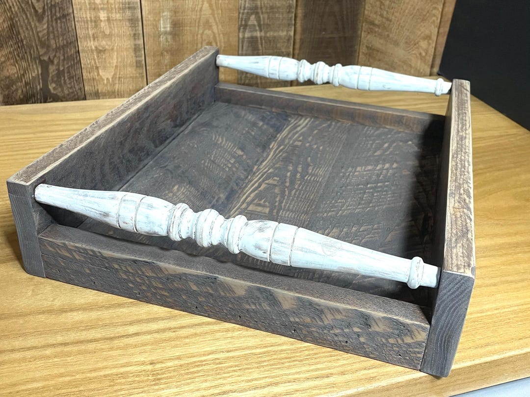 Wood Tray With Spindle Handles Rustic Serving Tray Ottoman Coffee Table ...