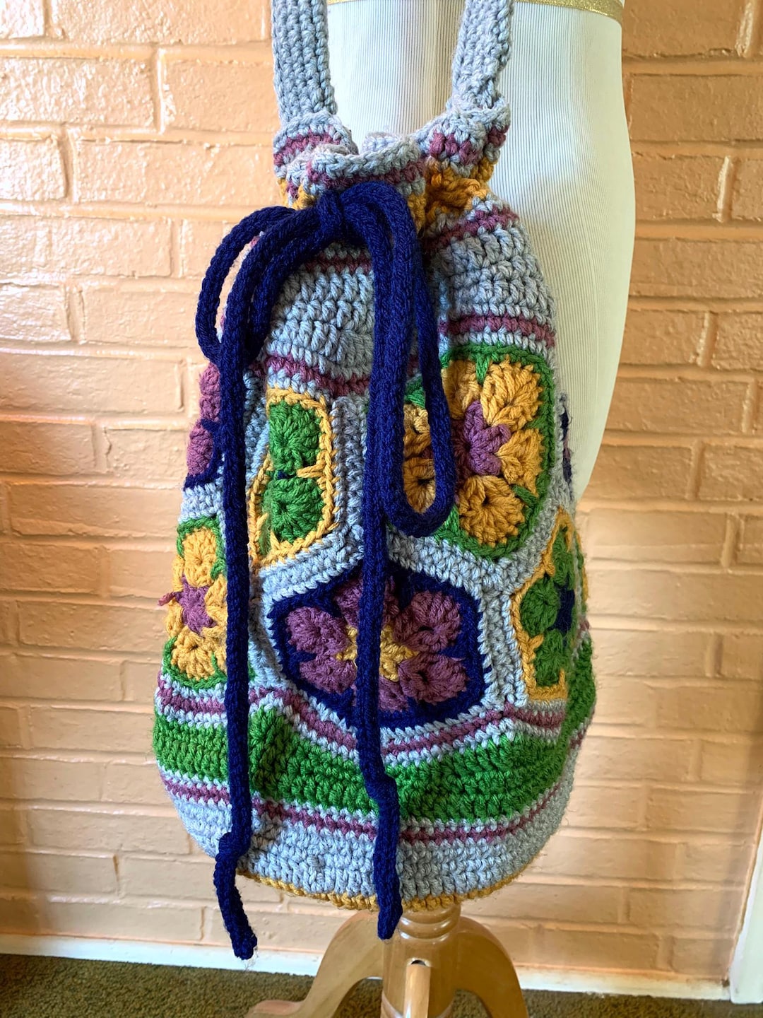 Handmade Crocheted African Flower Drawstring Tote Bag - Etsy
