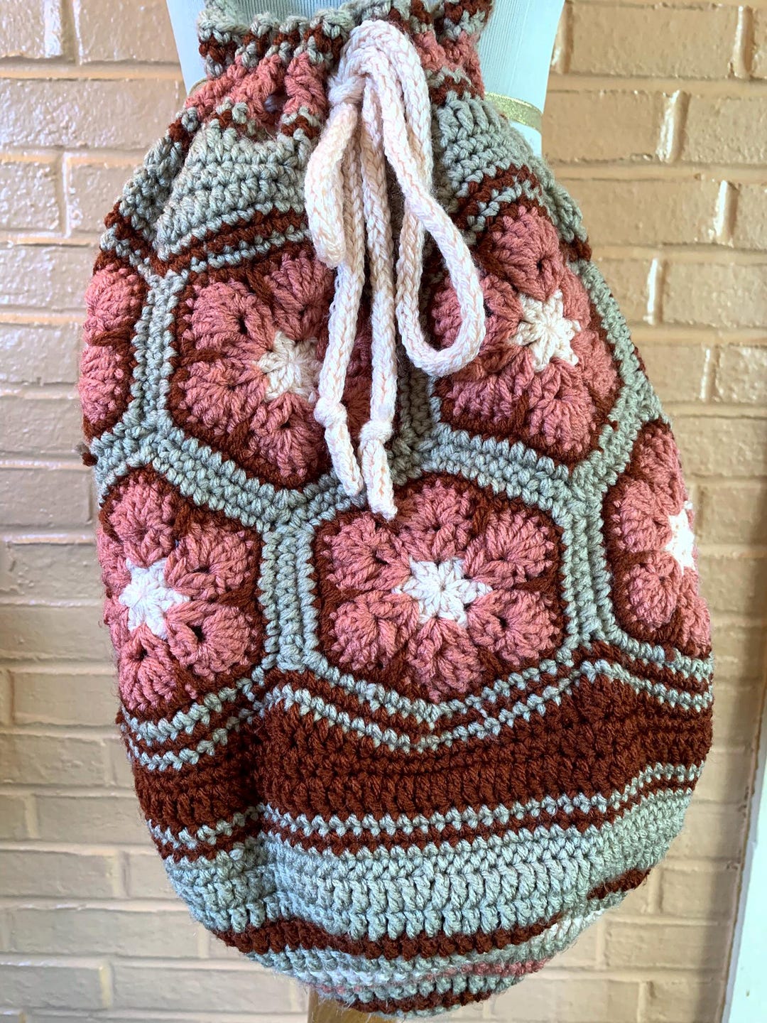 Handmade Crocheted African Flower Drawstring Tote Bag - Tan, Rust, and ...