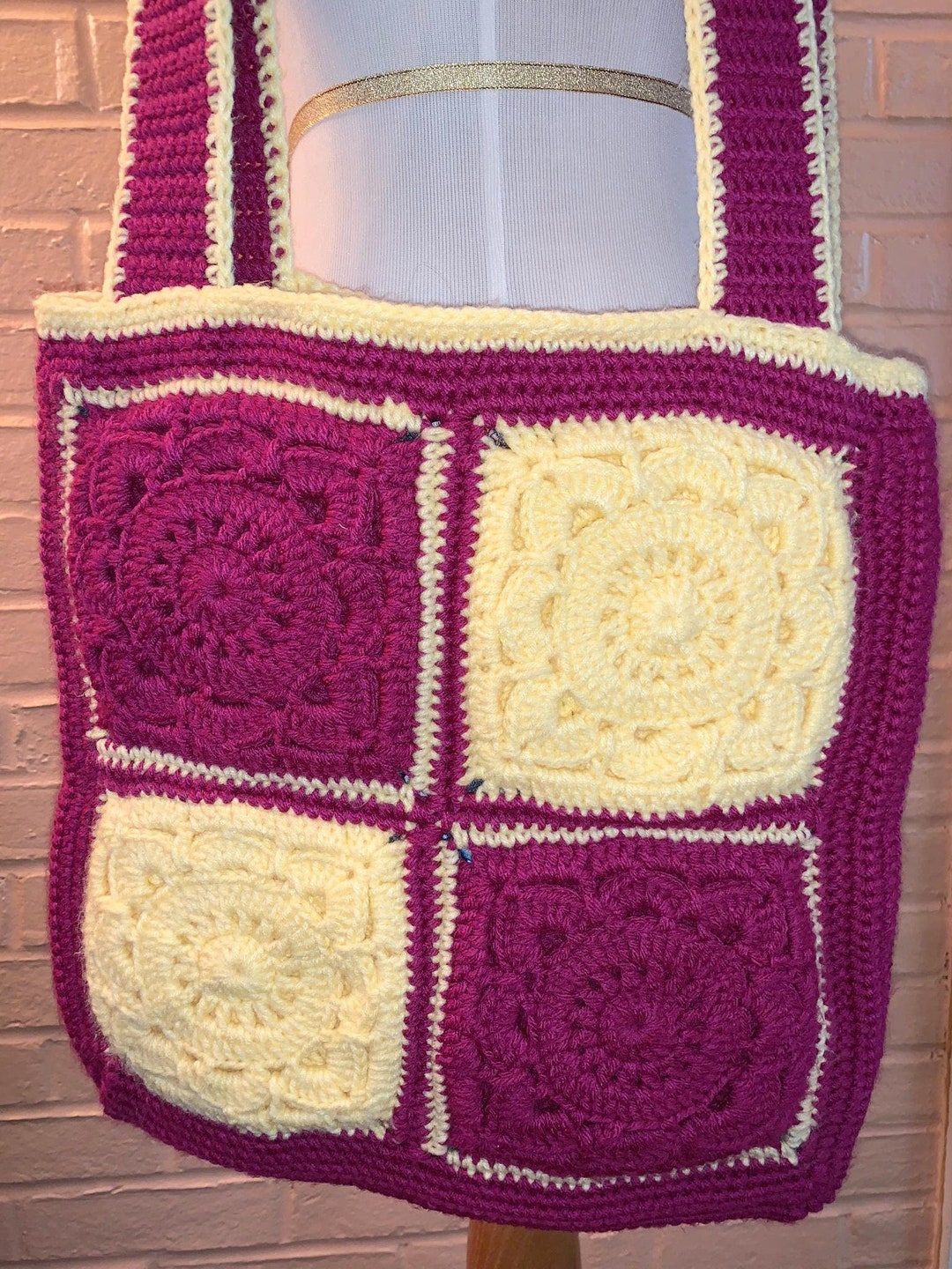 Handmade Crocheted Lacy Granny Square Tote Bag Plum and Yellow - Etsy
