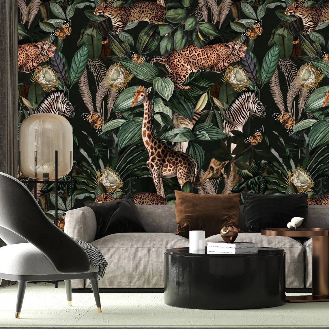 Tropical Jungle Wallpaper, Leopard, Giraffe, Zebra, Boho Decor, Peel ...