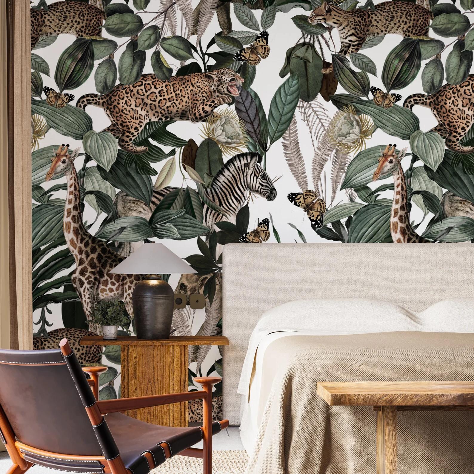 Tropical Jungle Wallpaper, Leopard, Giraffe, Zebra, Boho Decor, Peel ...